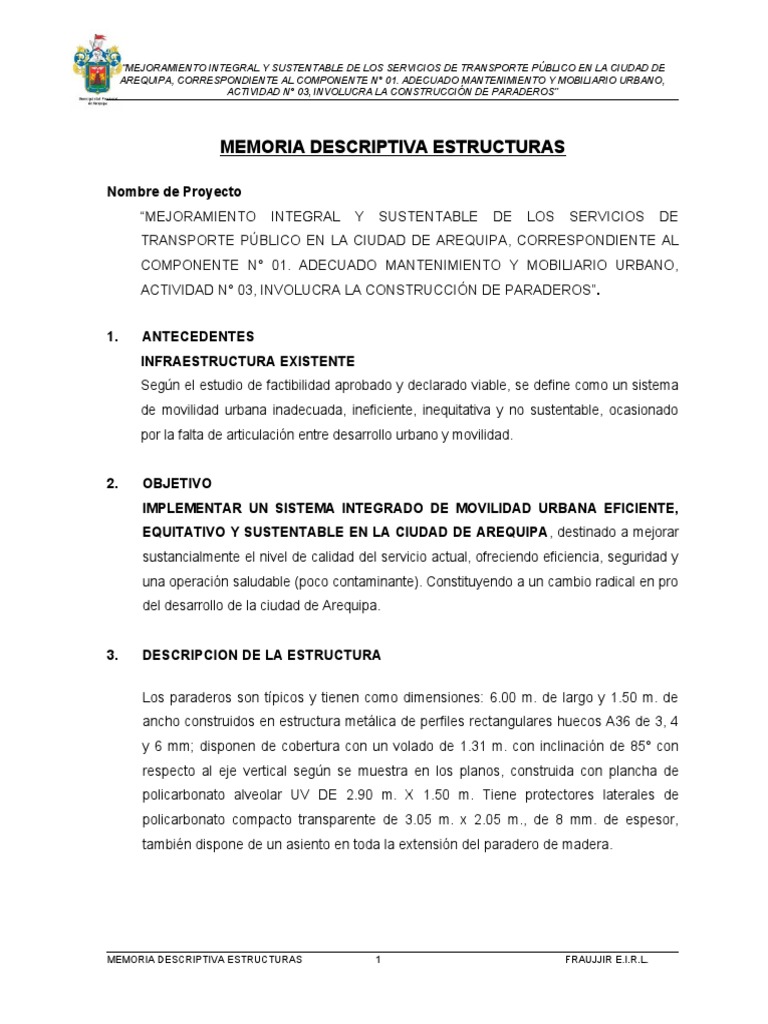 MEMORIA DESCRIPTIVA ESTRUCTURAS Paraderos | PDF | Ciencia y matemáticas
