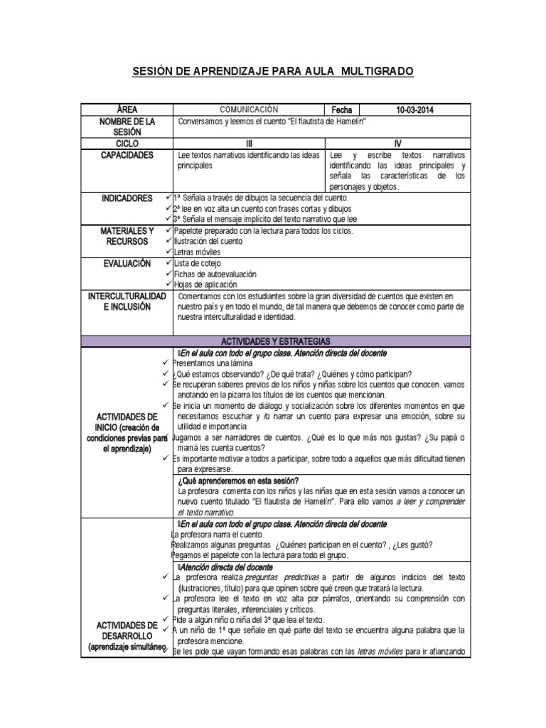 SESIÓN DE APRENDIZAJE PARA AULA Multigrado | PDF