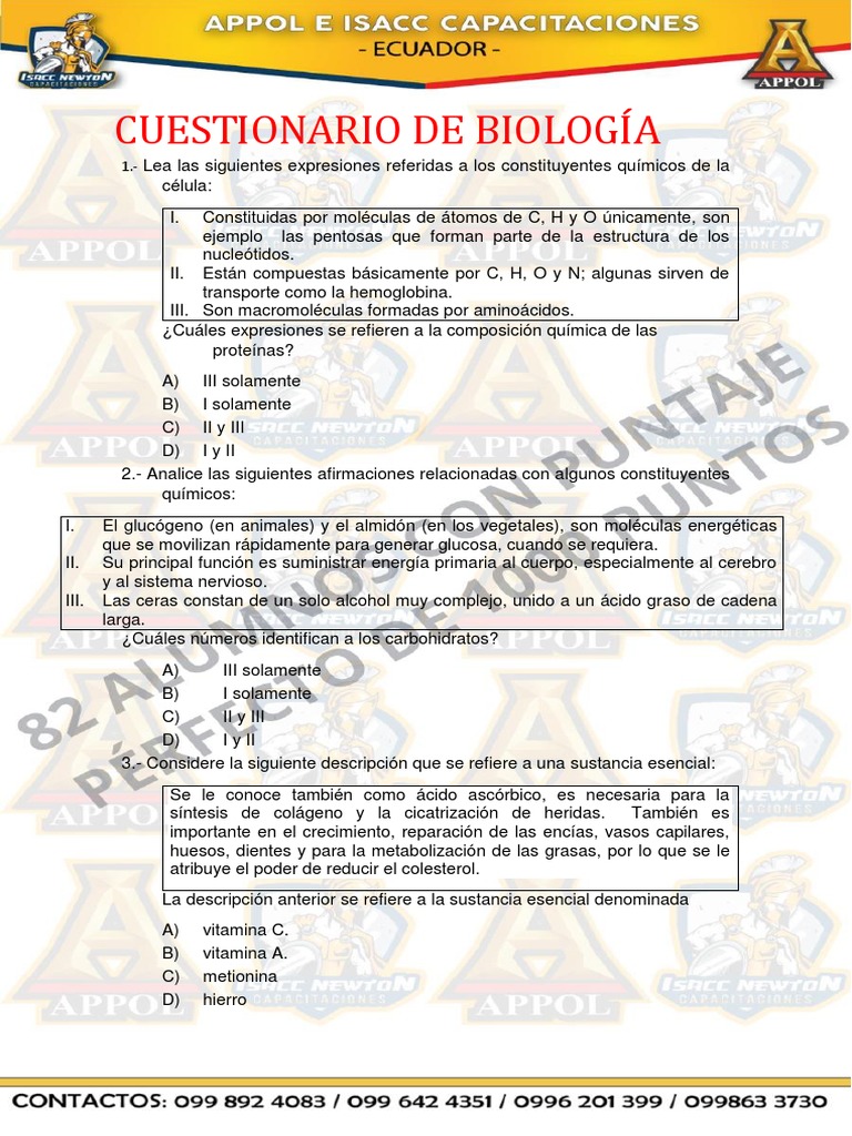 Cuestionario Biología | PDF | Biología Celular) | Adn