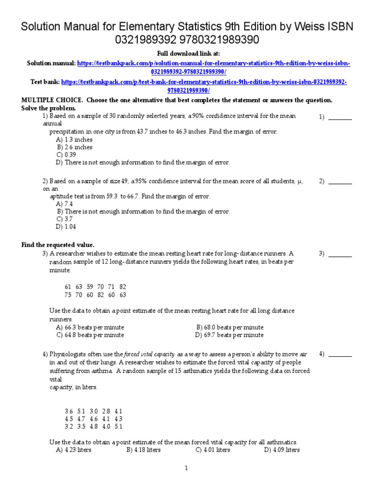 Elementary Statistics 9th Edition Weiss Test Bank Download | PDF