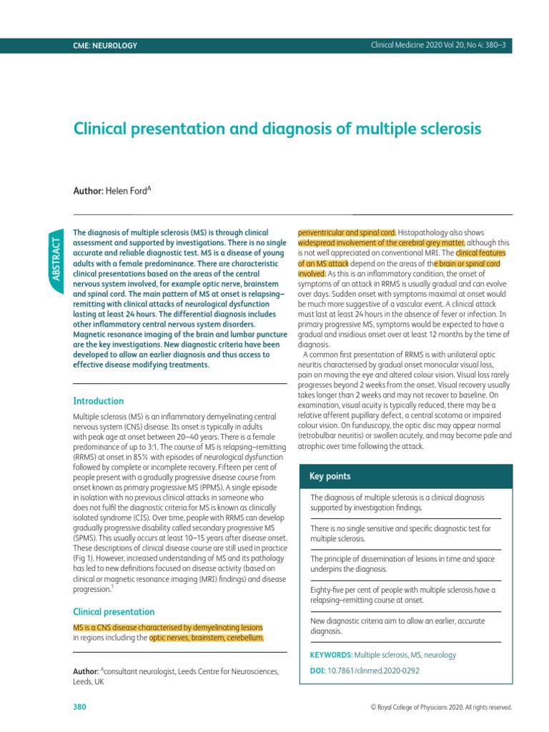 Clinical Presentation and Diagnosis of Multiple Sclerosis | PDF