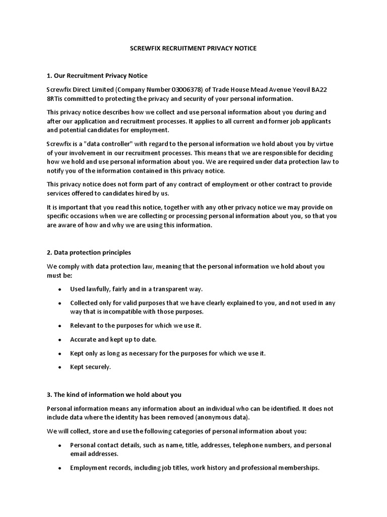 Screwfix Recruitment Privacy Notice | Download Free PDF | Background ...