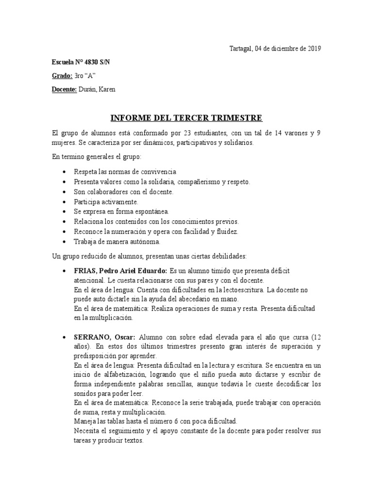 Informe Tercer Trimestre 3ro "A" | PDF | Literatura | Maestros