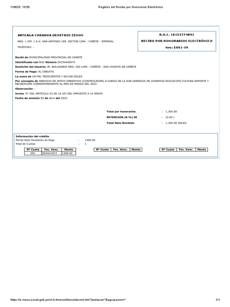 Arteaga Curahua Demetrio Zenon R.U.C. 10153774892 Recibo Por Honorarios Electrónico Nro: E001-39 ...