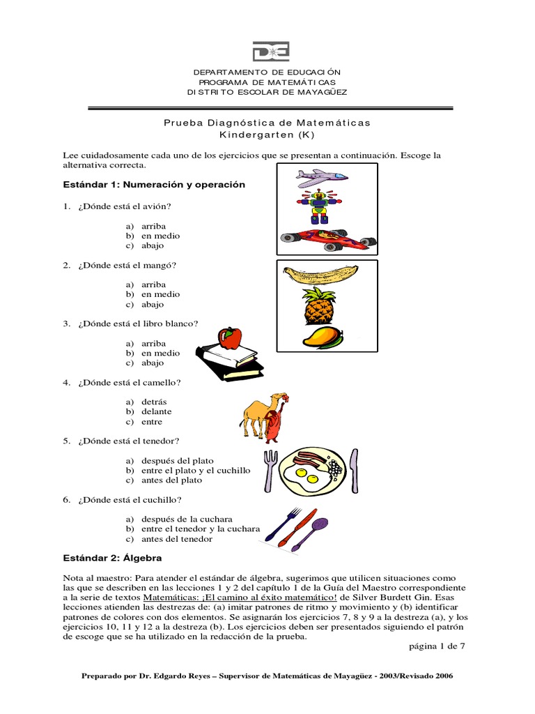 Prueba Diagnóstica de Matemáticas Kindergarten (K) | PDF