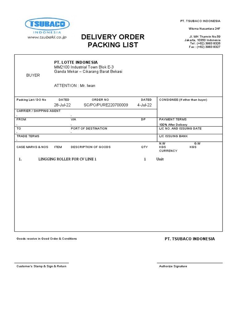 Delivery Order Packing List: Pt. Lotte Indonesia | PDF