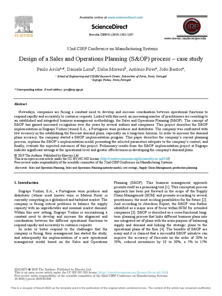 Design of A Sales and Operations Planning (S&OP) Process - Case Study | PDF