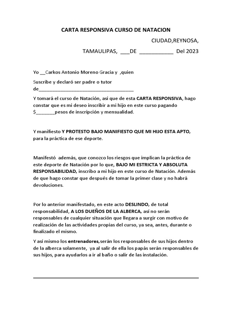 Carta Responsiva Natacion Pdf