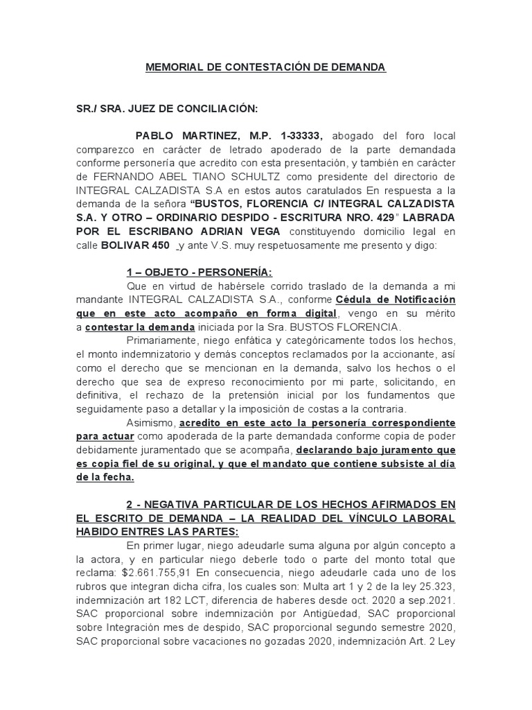 Contestacion de Demanda | PDF | Finanzas y dinero | Derecho