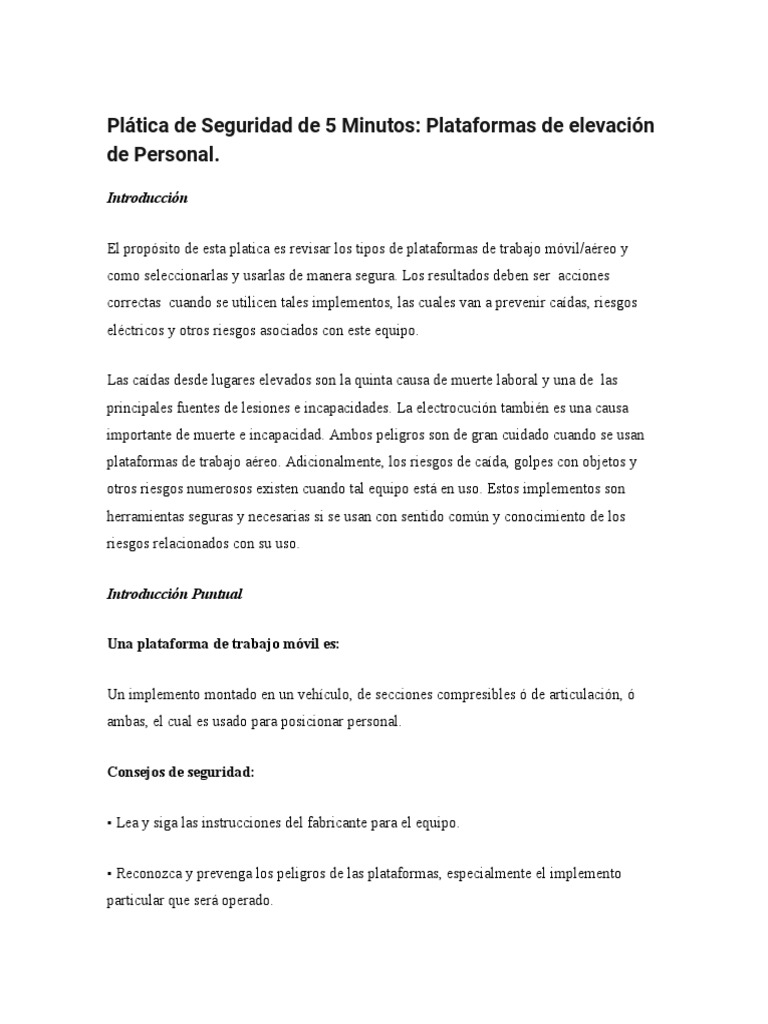 Platica de 5 Minutos Plataformas de Elevación | PDF Platica de 5 Minutos Plataformas de Elevación | PDF