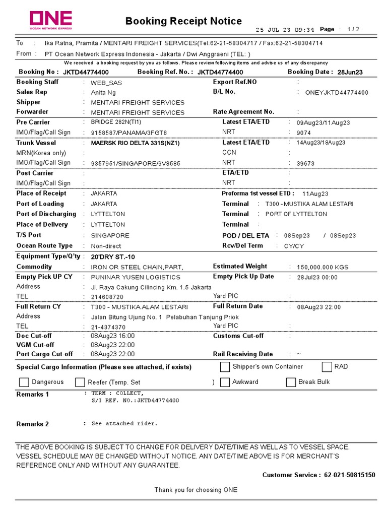 Booking Receipt for Ocean Freight JKTD44774400 | PDF | Cargo | Supply ...