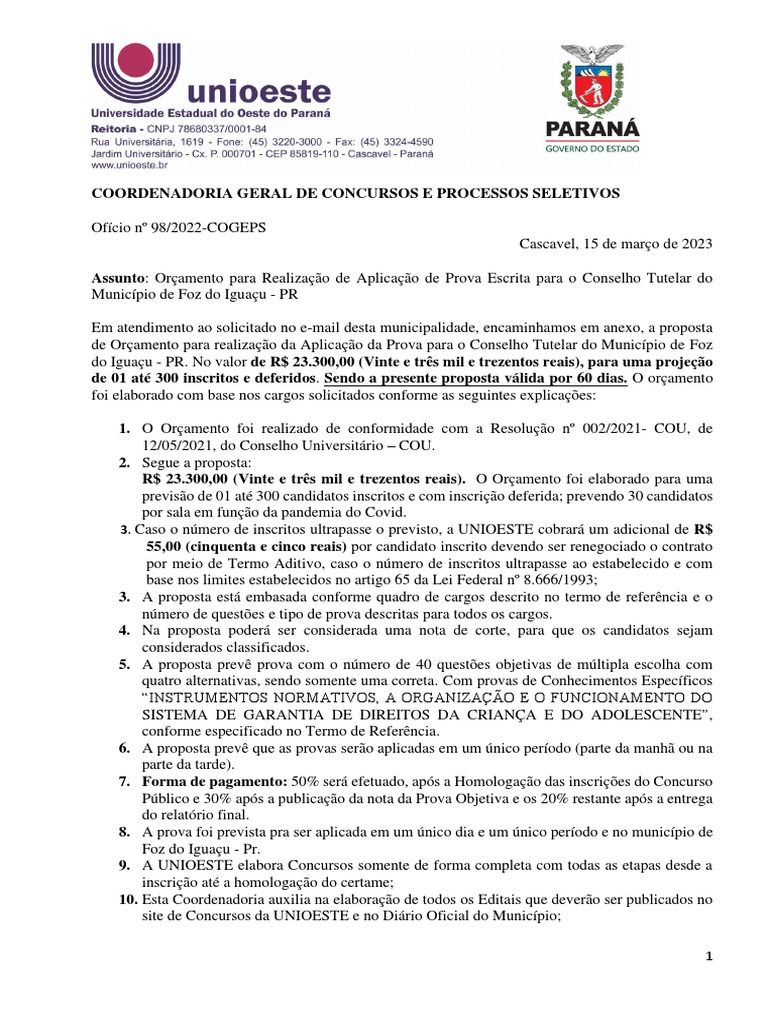 005 98. Oficio 98 - 2023-COGEPS Orçamento Conselho Tutelar de fOZ DO ... 005 98. Oficio 98 - 2023-COGEPS Orçamento Conselho Tutelar de fOZ DO ...