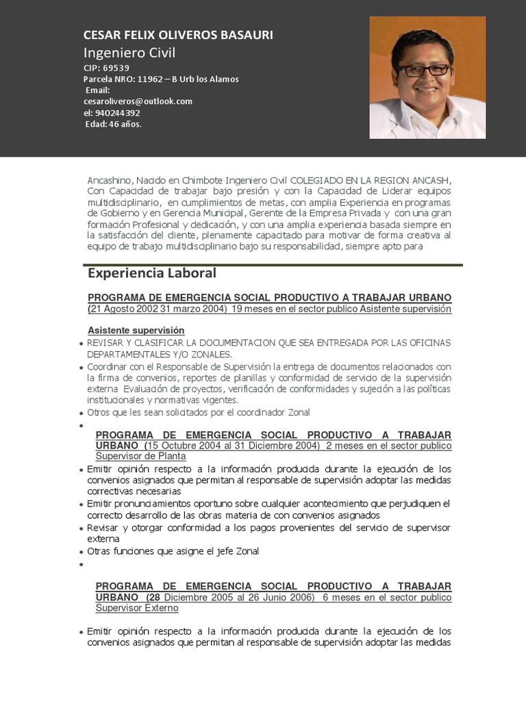 CURRICULUM VITAE CESAR OLIVEROS | PDF | Ingeniero civil | Ingeniería