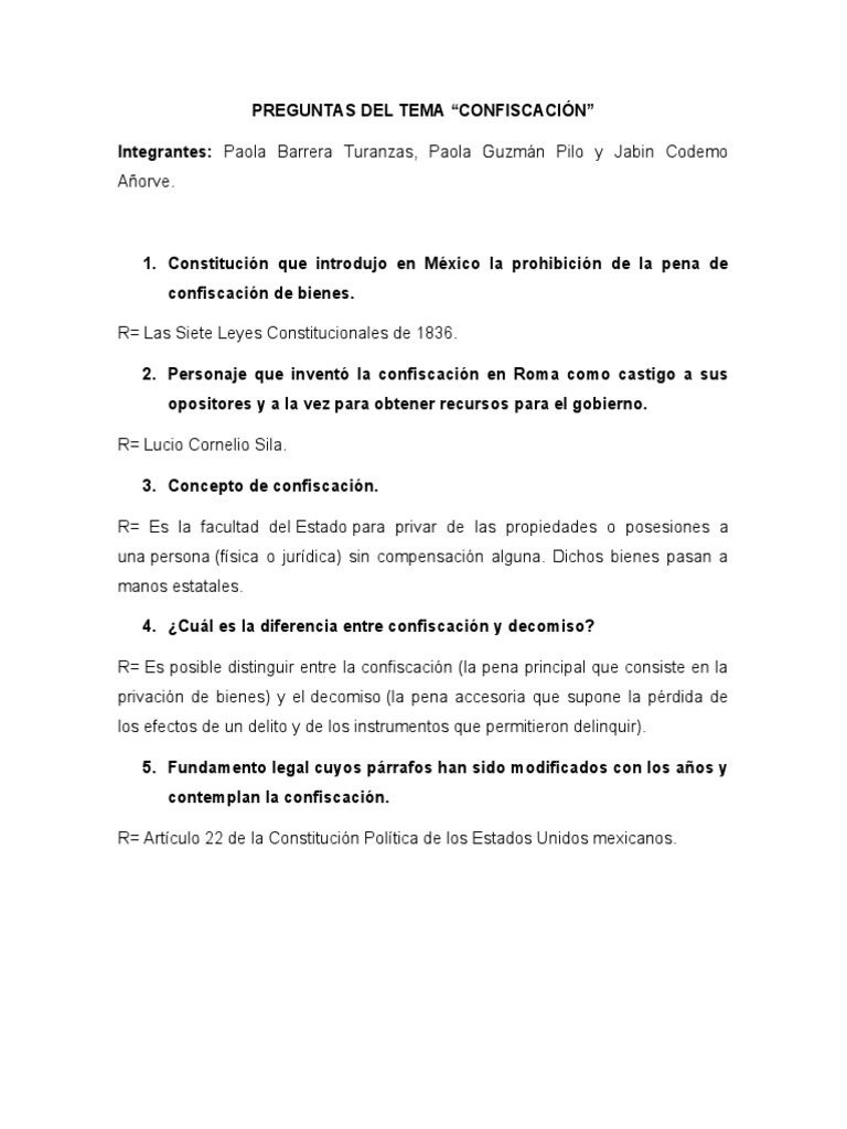 Preguntas - Tema Confiscación | PDF