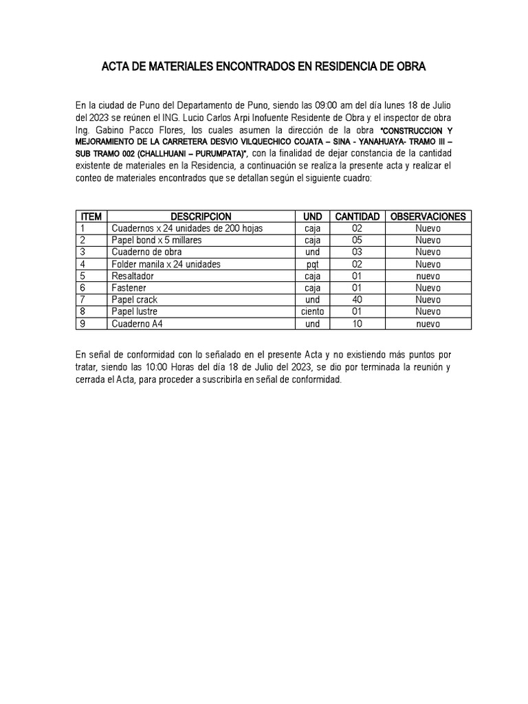 Acta de Materiales Encontrados en Residencia de Obra | PDF