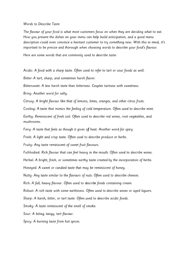 English Food Words Taste, Texture | PDF