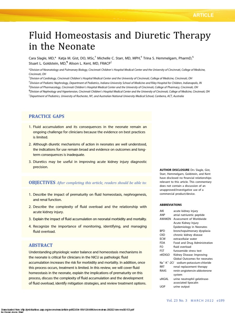 Fluid Homeostasis and Diuretic Therapy in The Neonate | PDF