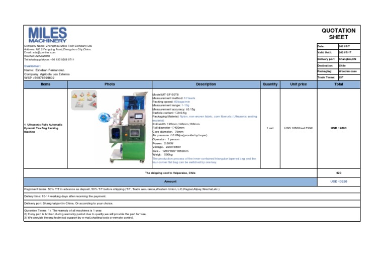 Quotation of Tea Bag Packing Machine-Ada (1) | PDF