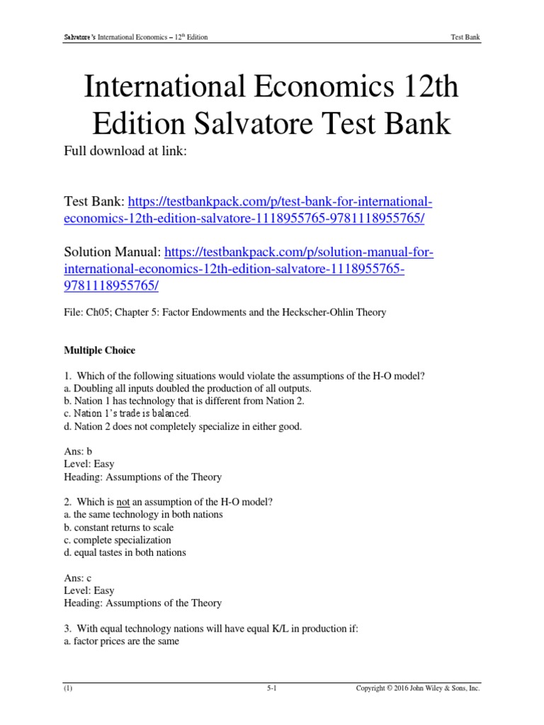 International Economics 12th Edition Salvatore Test Bank 1 | PDF