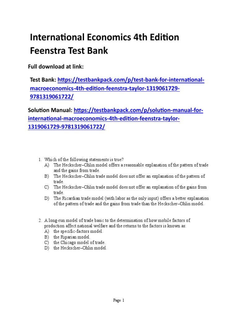 International Economics 4th Edition Feenstra Test Bank 1 | PDF ...