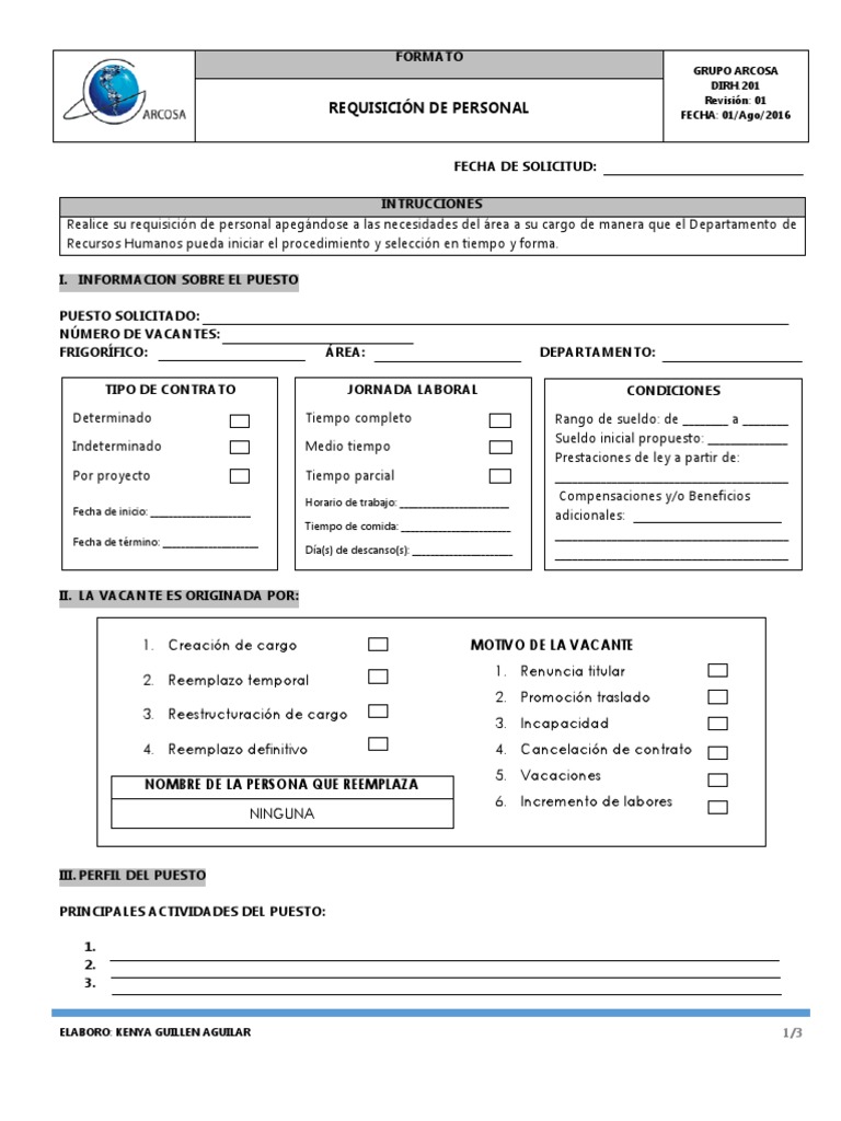 REQUISICIÓN DE PERSONAL Rev.01 Agosto 2016 | PDF