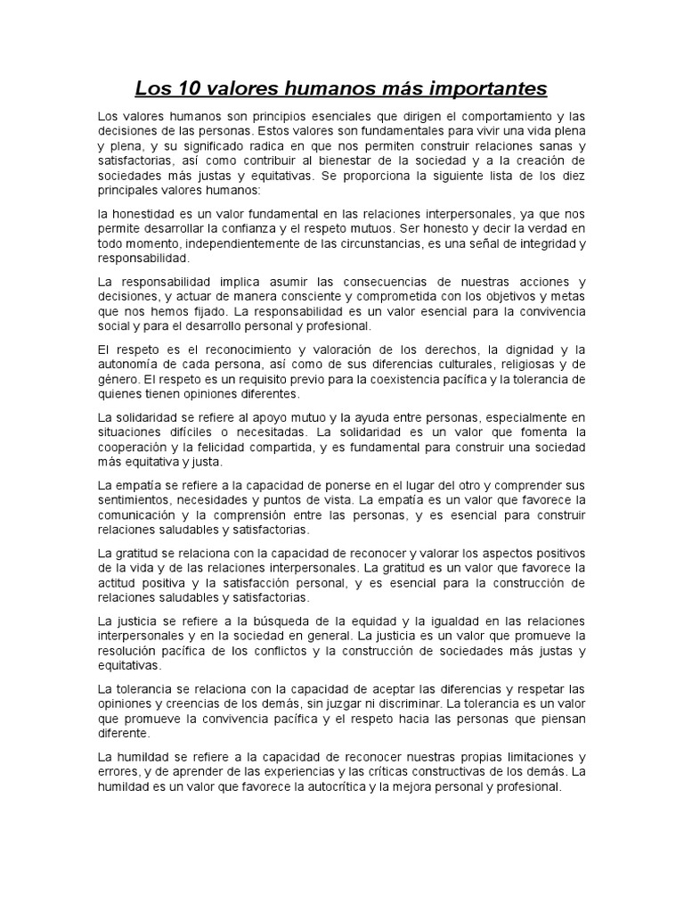 Los 10 Valores Humanos Más Importantes | PDF