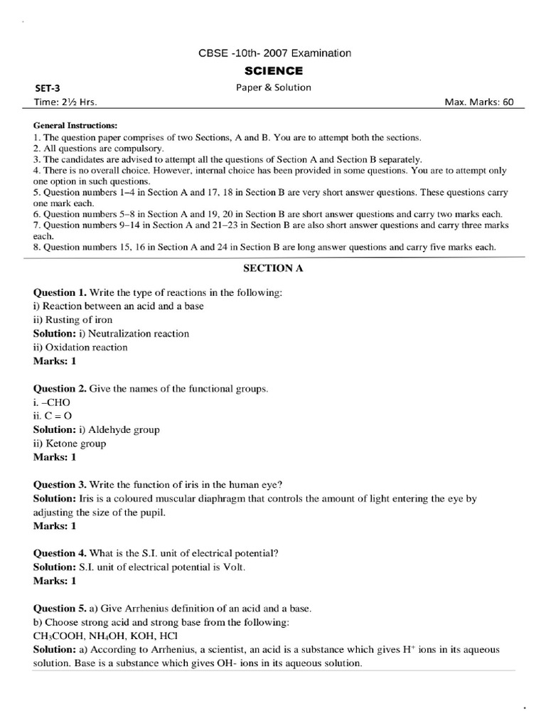 CBSE Class 10 Science Question Paper 2007 | PDF