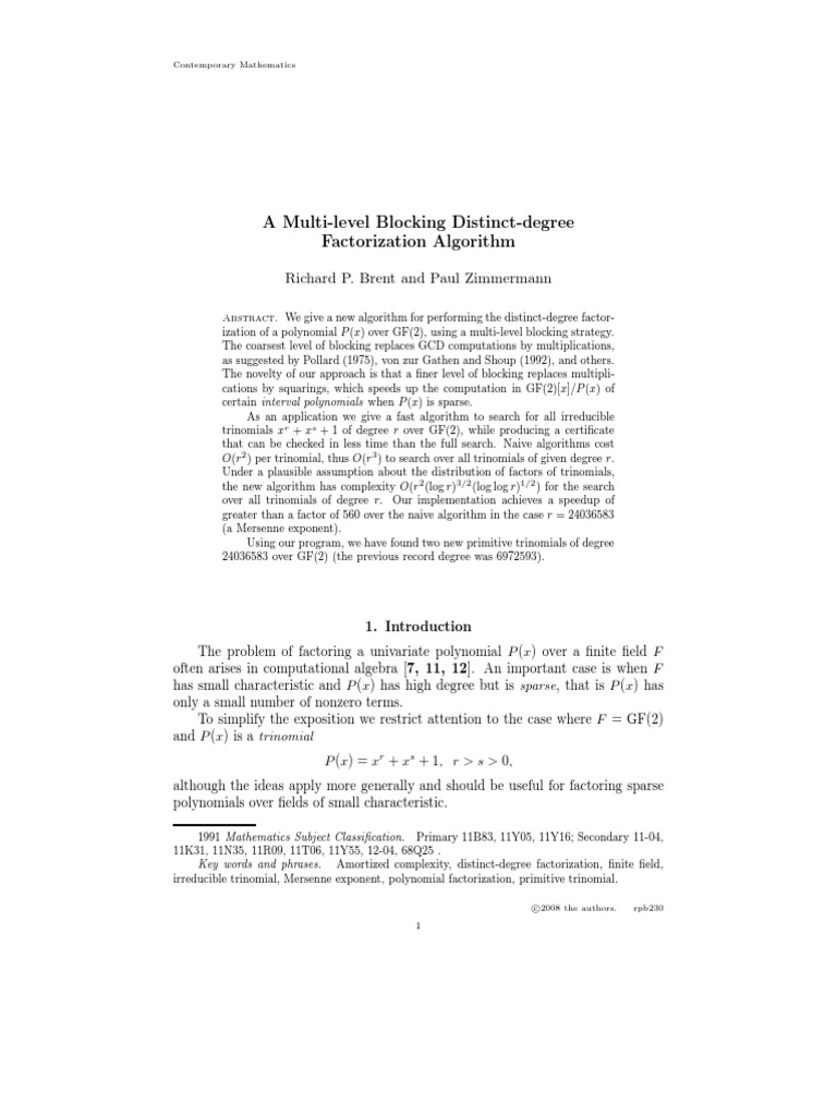 A Multi Level Blocking Distinct Degree Factorization Algorithm Pdf Factorization 4520