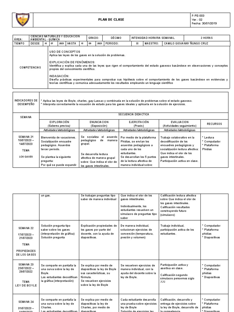 10 Plan Química 3p Pdf Gases Evaluación