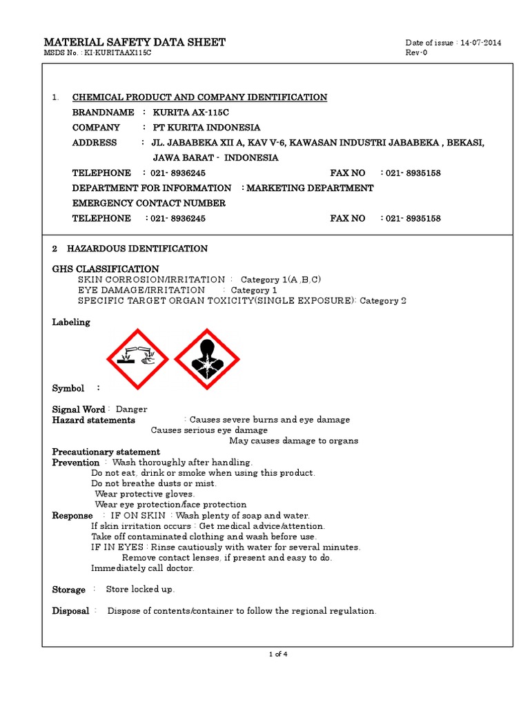 Kurita AX-115C Safety Data Sheet | PDF | Science & Mathematics