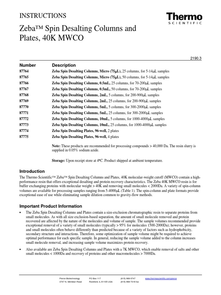 MAN0011691 Zeba Spin DesaltCol Plate 40K MWCO UG | PDF | Centrifuge ...