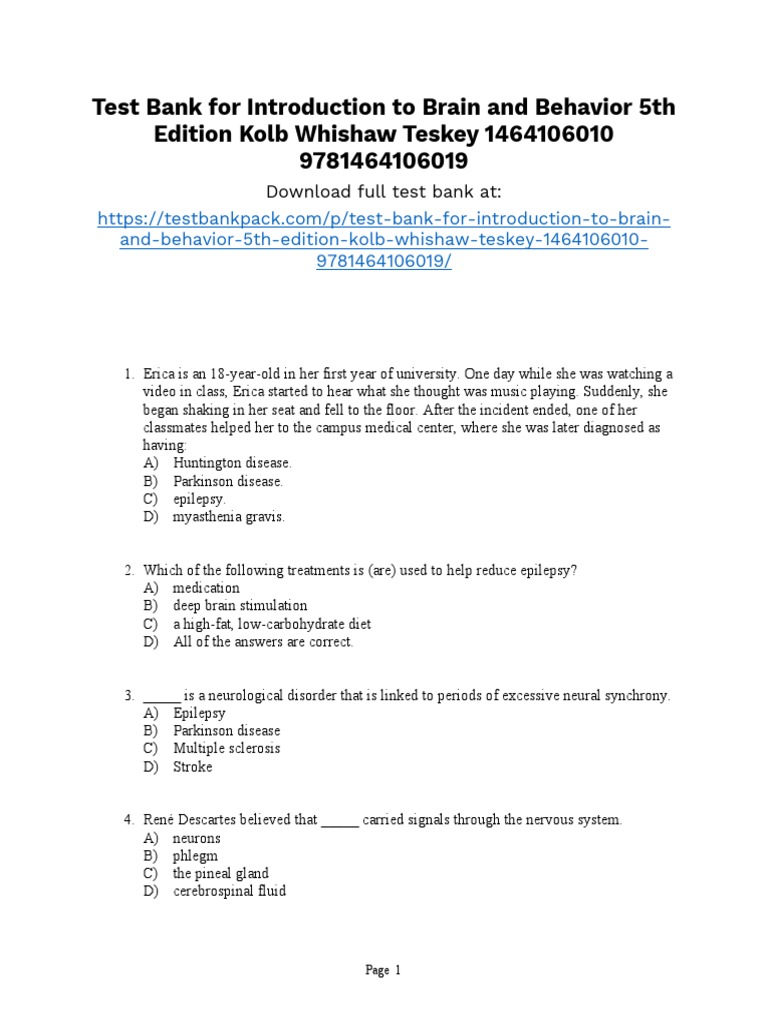 Introduction To Brain and Behavior 5th Edition Kolb Test Bank 1 | PDF