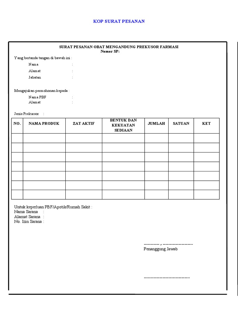 Surat Pesanan Obat Prekursor Farmasi | PDF