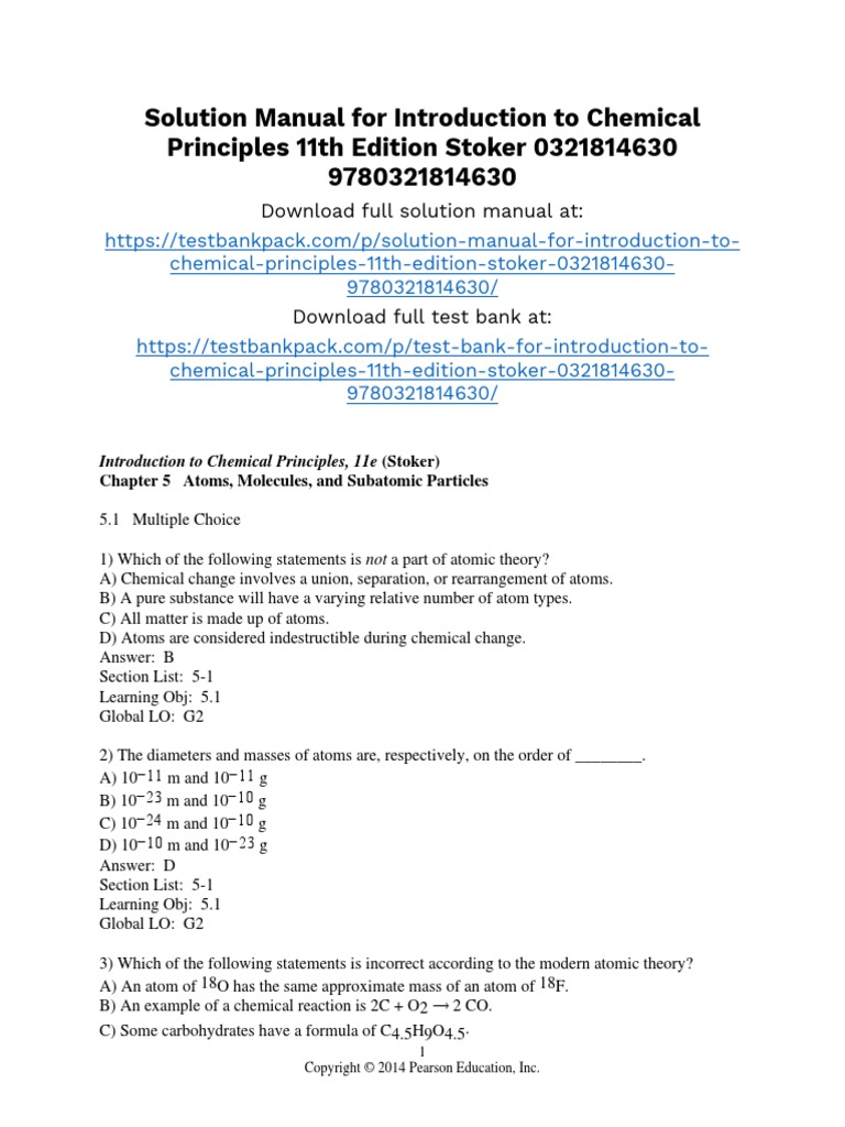 Introduction To Chemical Principles 11th Edition Stoker Test Bank 1 | PDF
