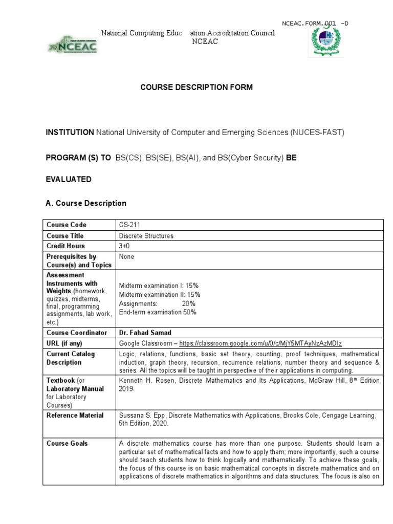 Spring 2021 CourseDescription - Discrete Structures (CS-211) - Updated PLOs | Download Free PDF ...