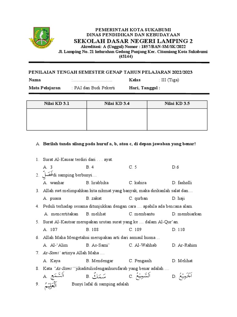 Soal Pts 2 Pai Kelas 3 k13 | PDF