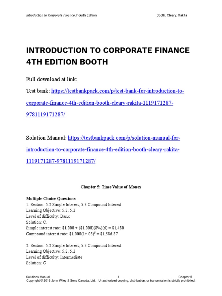 Introduction To Corporate Finance 4th Edition Booth Solutions Manual 1 ...