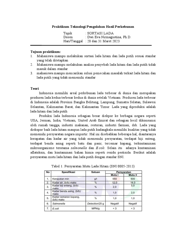 Sortasi Lada: Praktikum dan Analisis Kualitas | PDF | Sains ...