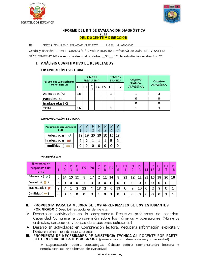 Informe De Evaluacion Diagnóstica 1° Pdf Evaluación Pedagogía 7366