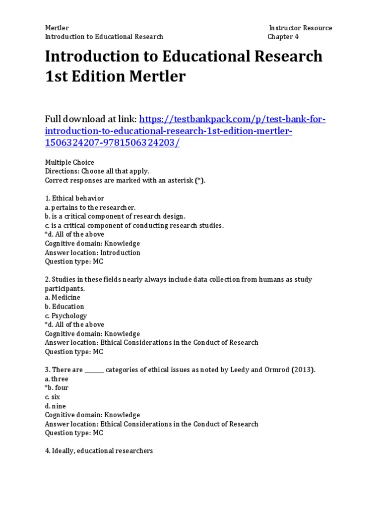 Introduction To Educational Research 1st Edition Mertler Test Bank 1 | PDF