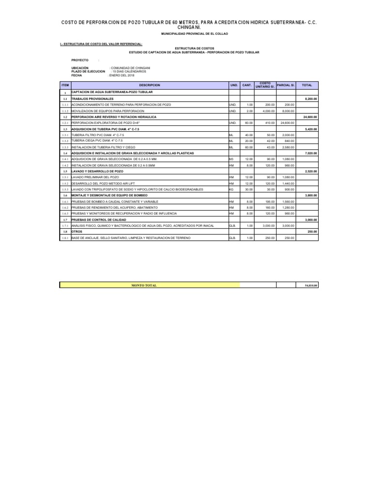 Costos Perforacion Pozo Chingani-Ilave | PDF