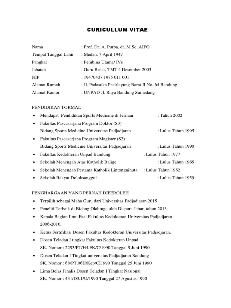 Profil Prof. Dr. A. Purba, Spesialis Olahraga | PDF