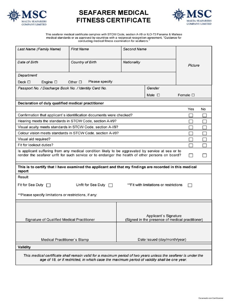 Seafarer Medical Fitness Certificate - Rev 04-23 - Final | PDF