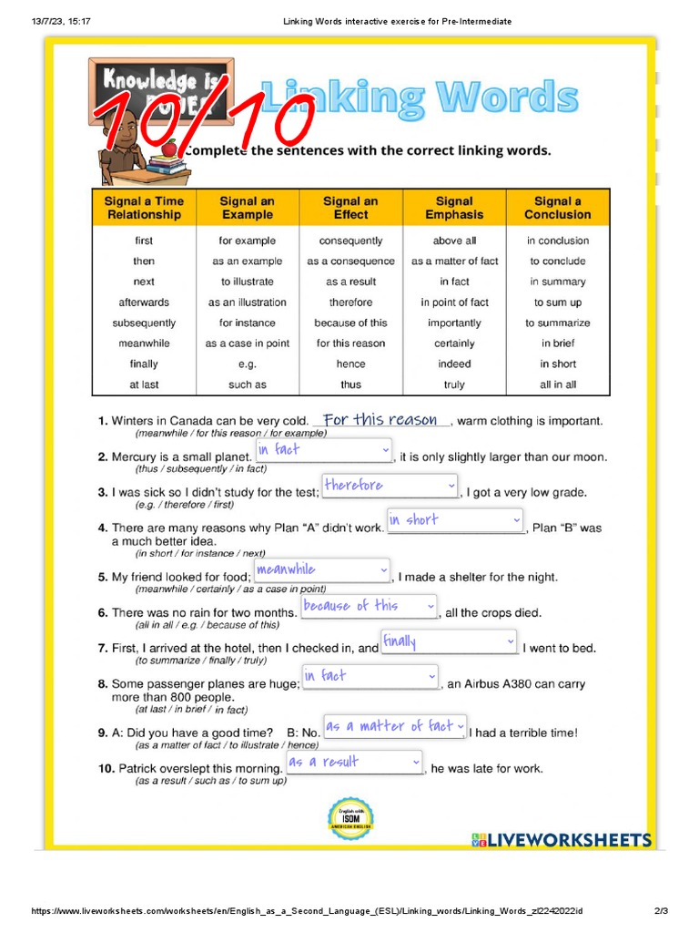 Linking Words for Pre-Intermediate ESL | PDF