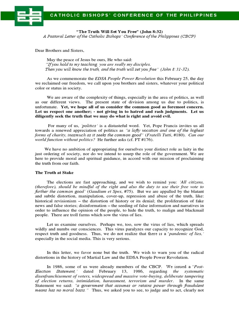 CBCP. Pastoral Letter: "The Truth Will Set You Free" (John 8:32), 25 ...