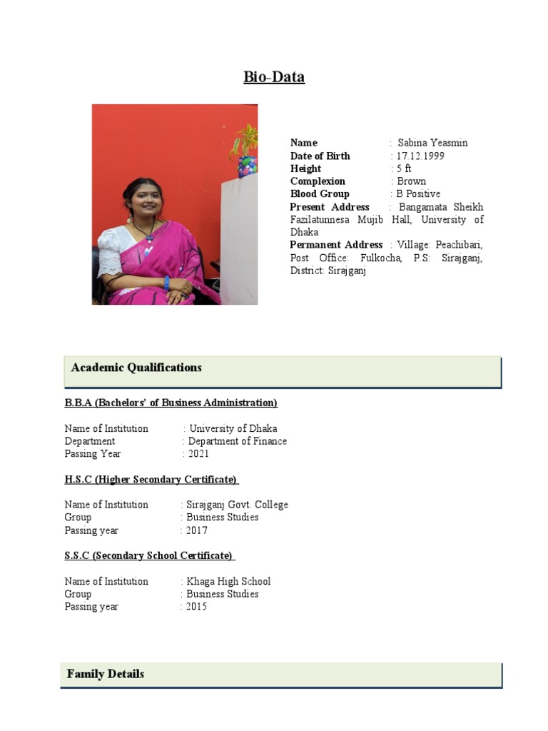 Sabina's Bio Data | PDF