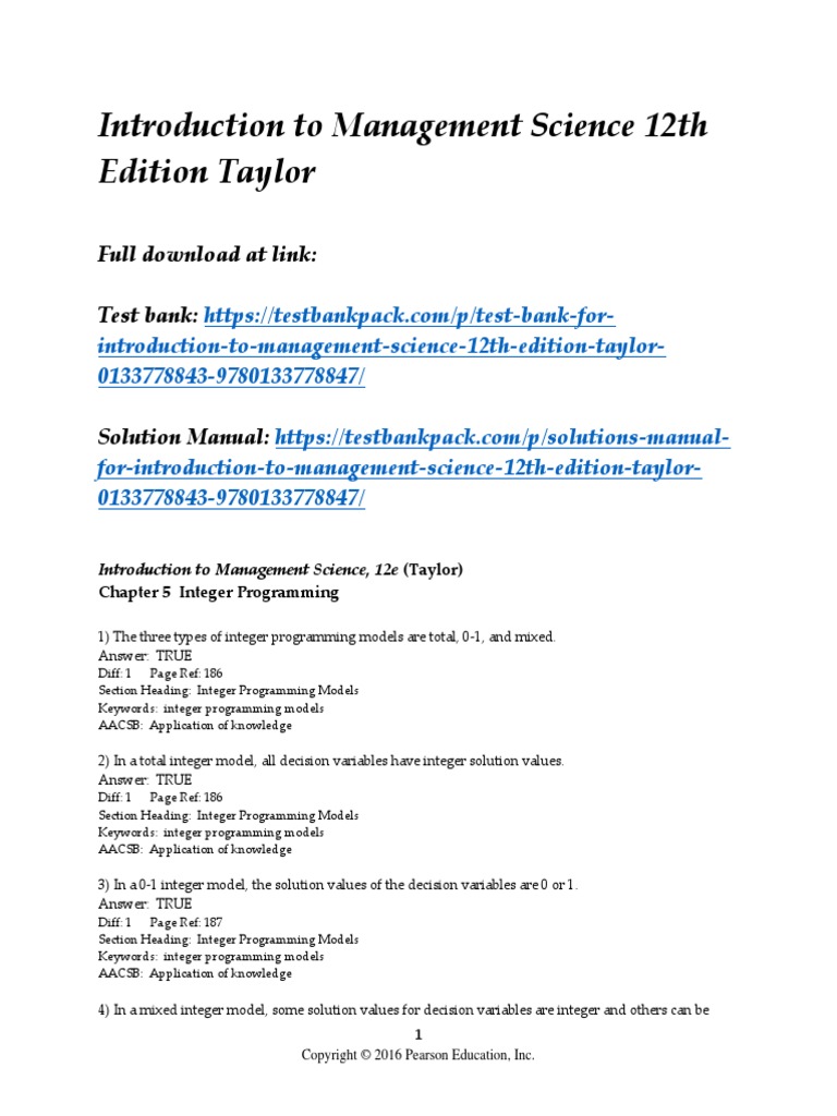 Introduction To Management Science 12th Edition Taylor Test Bank 1 | PDF