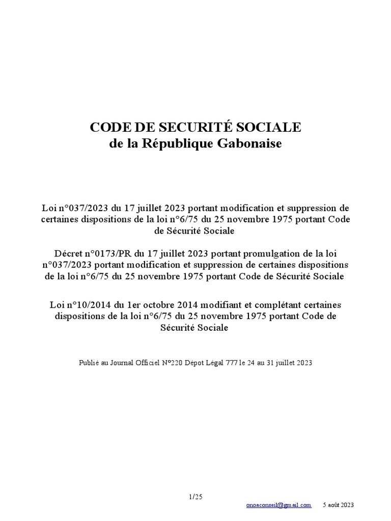 GABON - Code de Sécurité Sociale Modifié Loi 037 - 2023 | PDF
