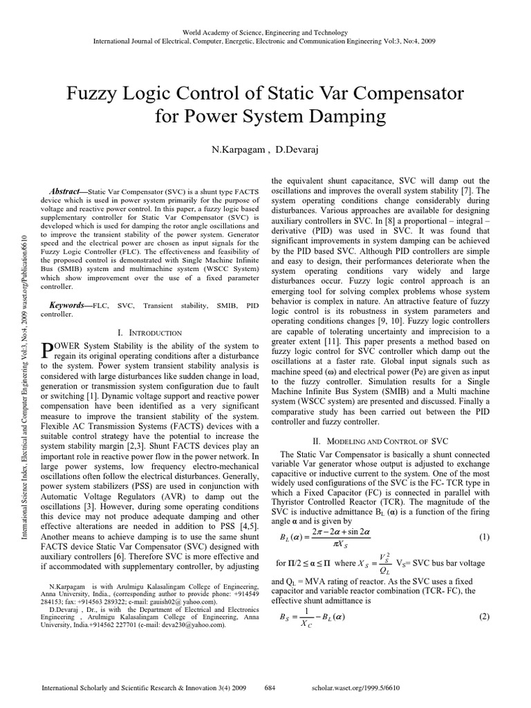 Fuzzy Logic Control Of Static Var Compensator For Power System Damping Pdf 