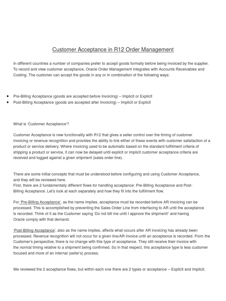 Customer Acceptance in Oracle R12 | PDF | Deferral | Deferred Income